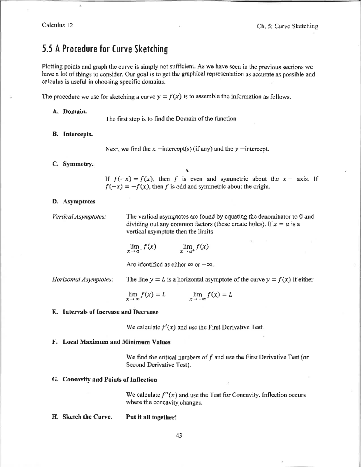 Calculus 12 Ch. 5: Curve Sketching Notes and Procedures - Studocu