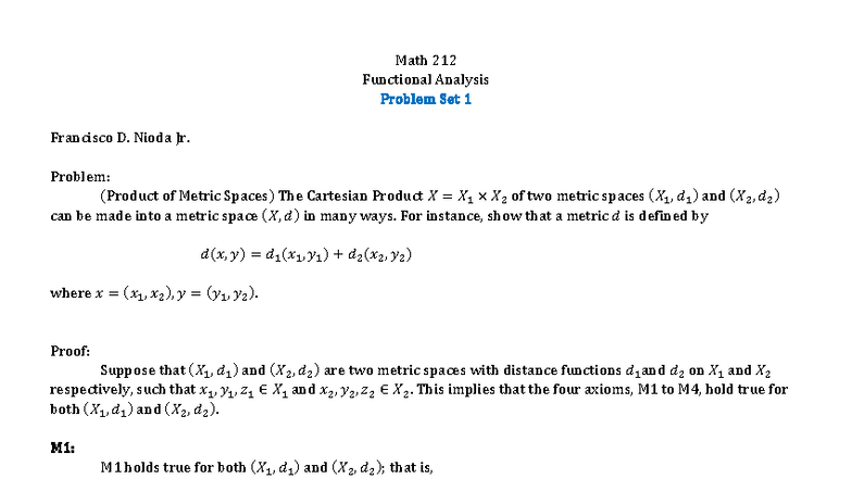 Math 212 Functional Analysis Problem Set 1: Metric Spaces - Studocu
