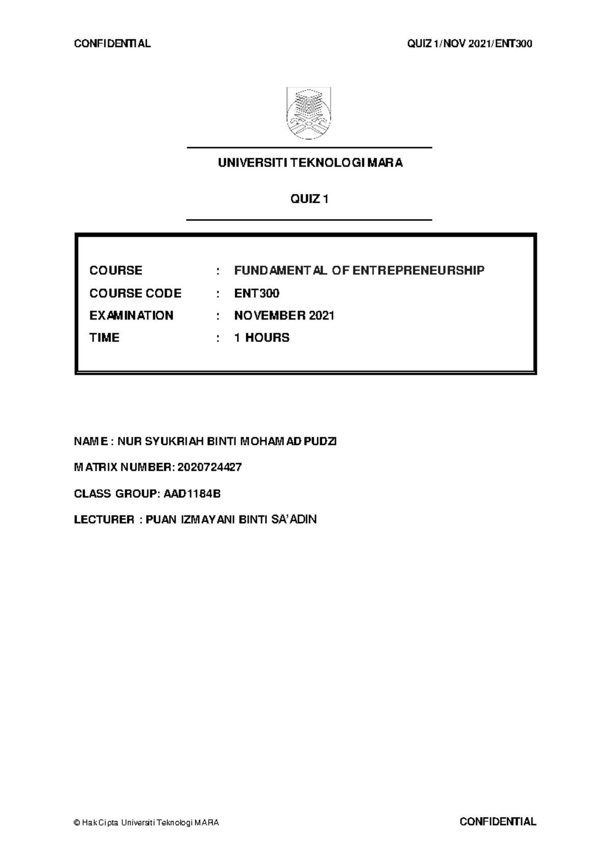 ENT300 FUNDAMENTAL OF ENTREPRENEURSHIP QUIZ NOV 2021 - Studocu