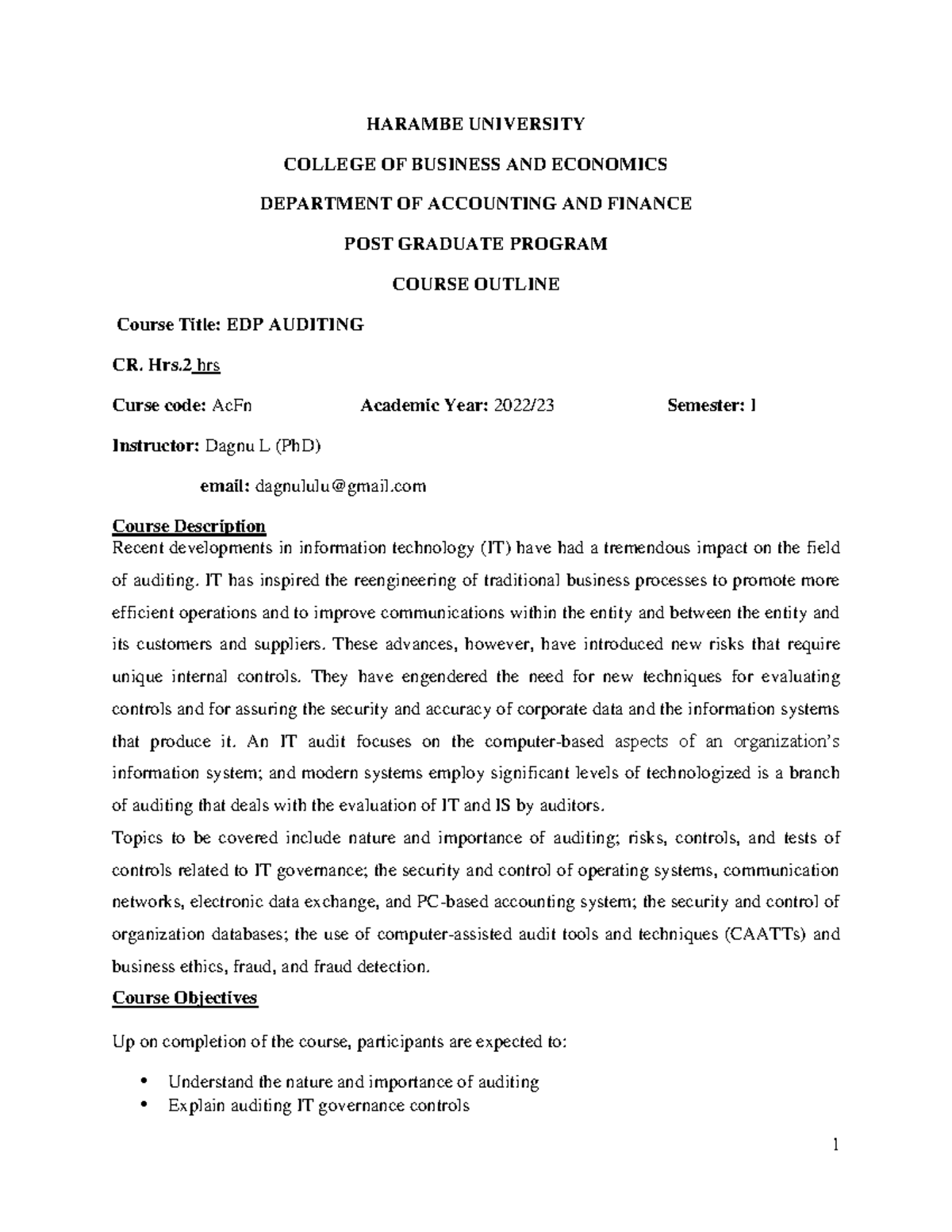 EDP Auditing Course Outline - AcFn - 2022/23 Sem I - Studocu