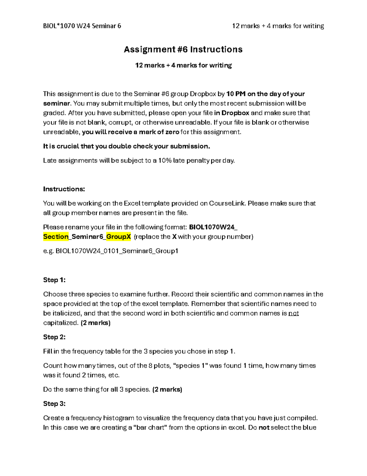 BIOL*1070 W24 Assignment #6 Instructions for Seminar 6 Submission - Studocu