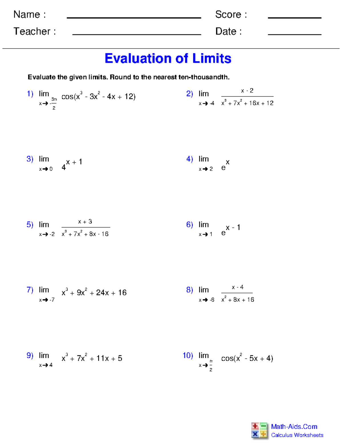 Evaluation of Limits - Calc 2024-2025 - Studocu