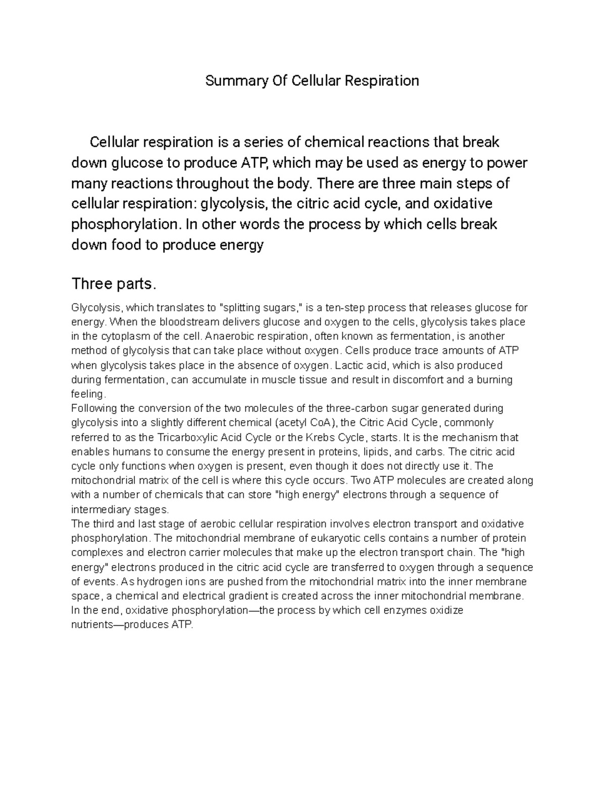 Cellular Respiration - Summary Of Cellular Respiration Cellular ...