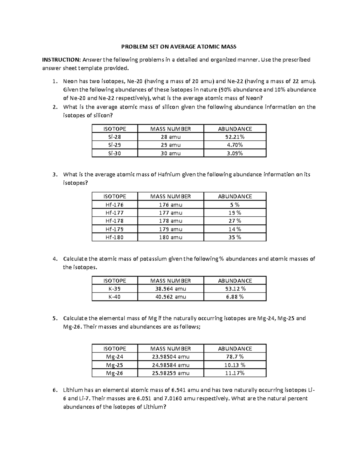 Problem Set: Calculating Average Atomic Mass (Chem 101) - Studocu