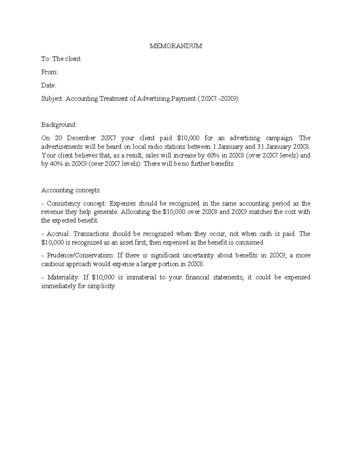 Accounting Treatment of Advertising Payment - Memo 20X7 - Studocu