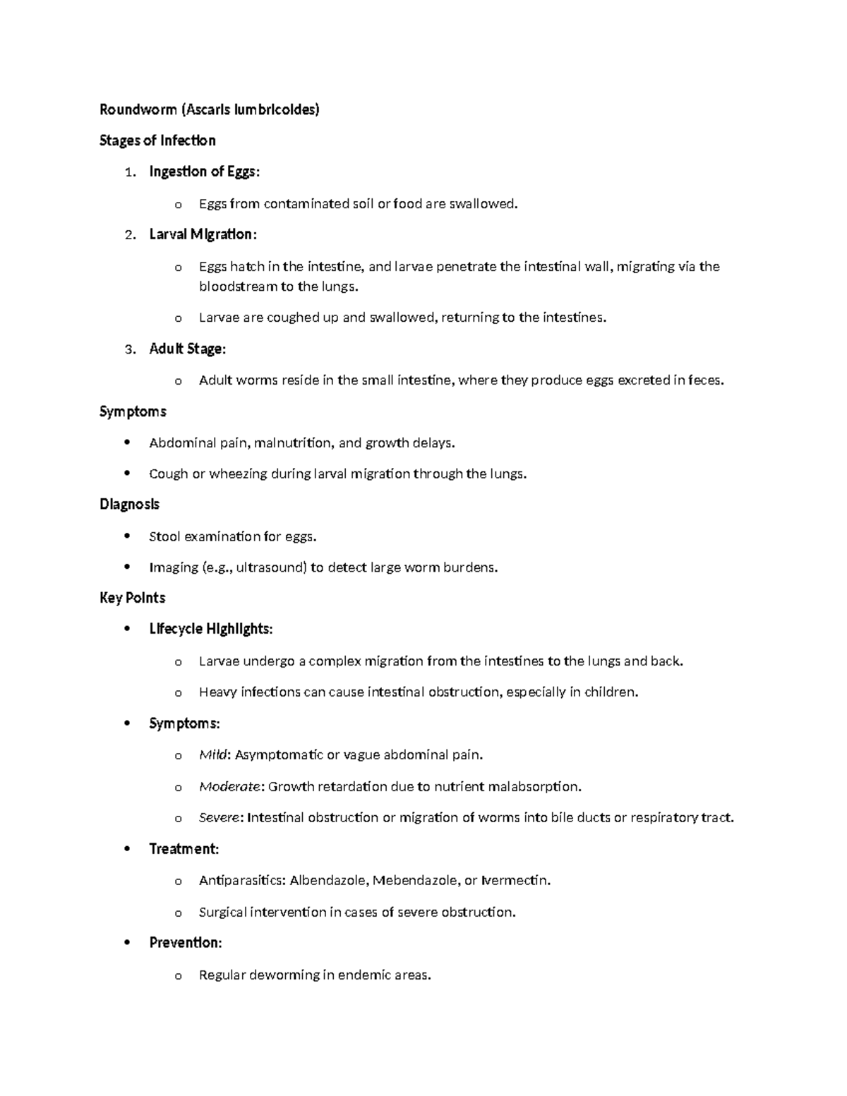 Roundworm (Ascaris lumbricoides) - Review Notes for Lecture - Studocu
