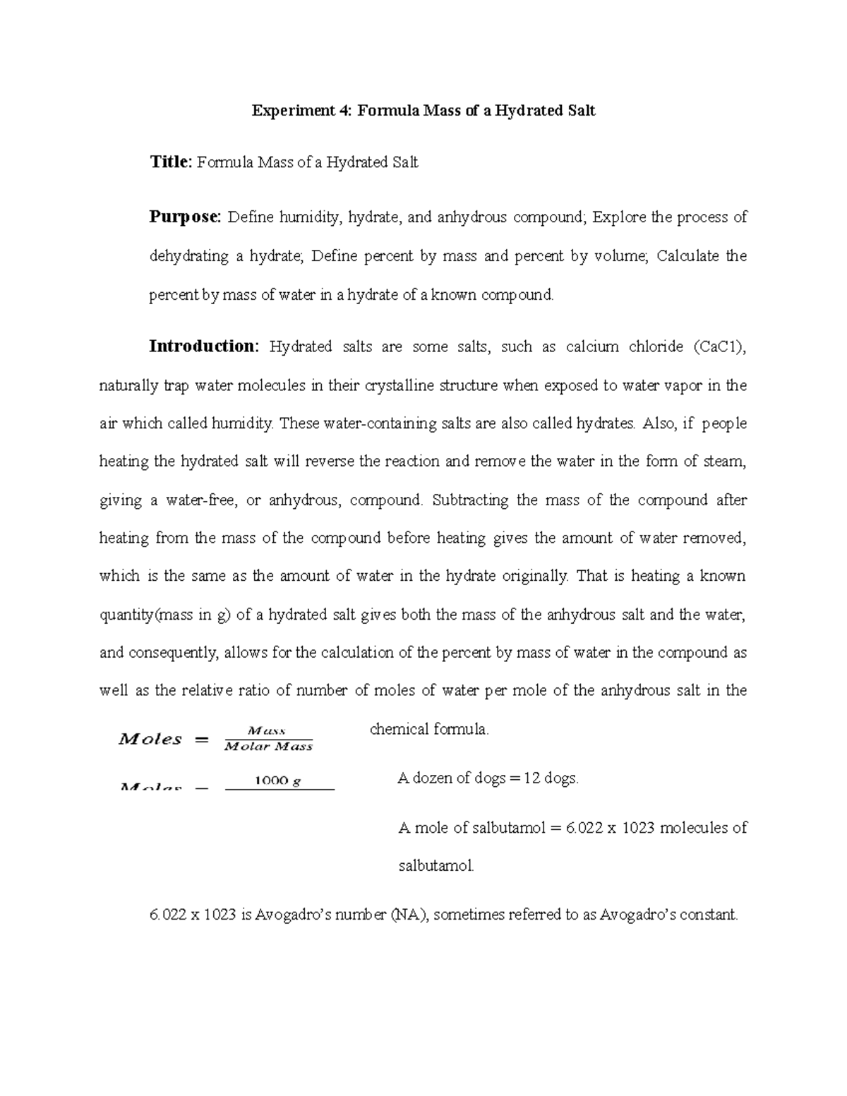 Experiment 4 Formula Mass of a Hydrated Salt - Introduction : Hydrated ...