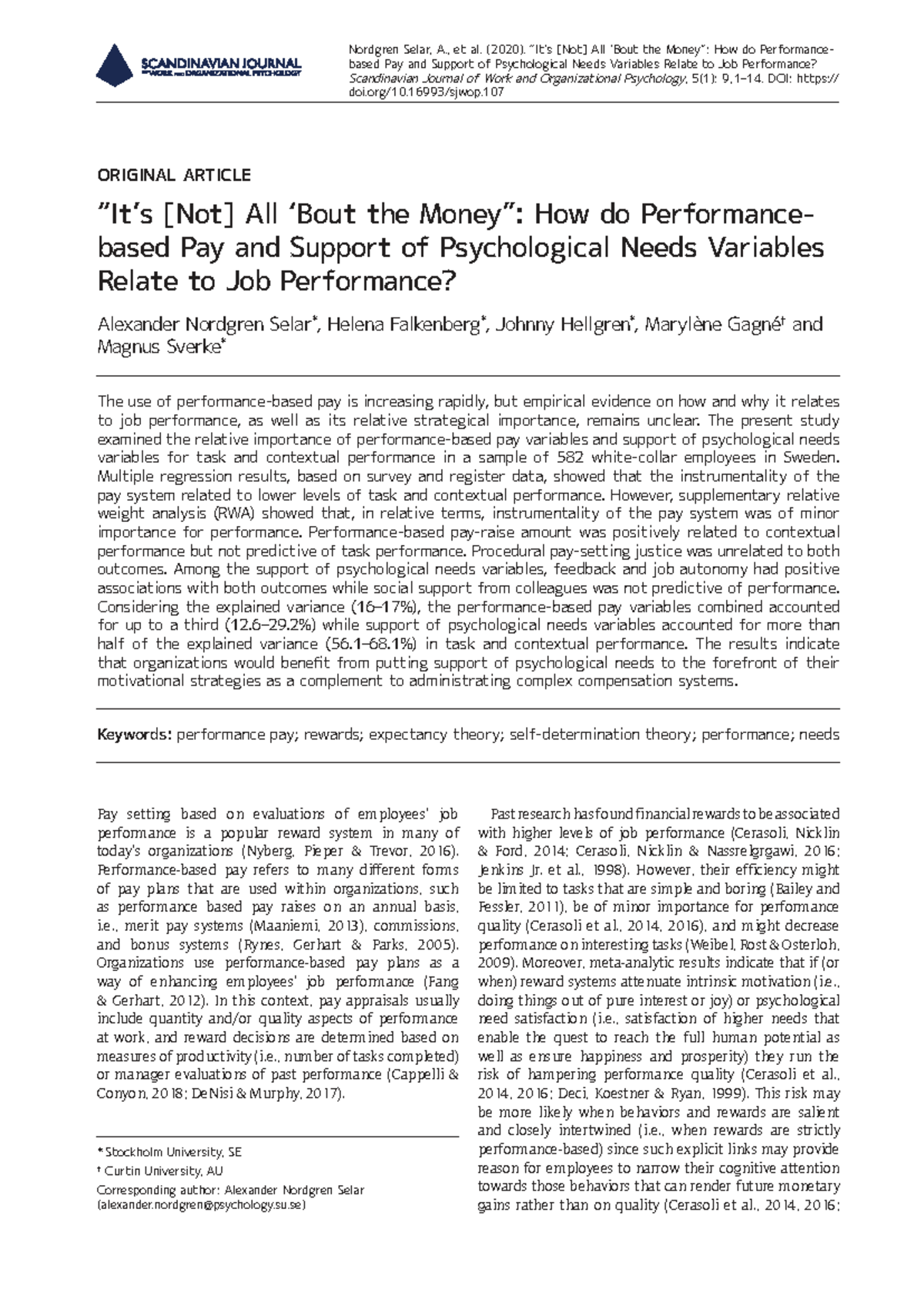 Performance-Based Pay and Psychological Needs: Job Performance Insights ...