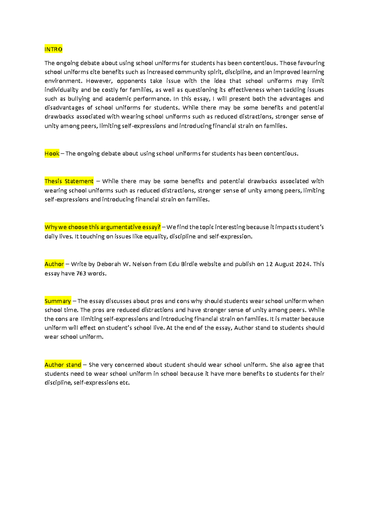 Argumentative Essay: Pros and Cons of School Uniforms - ELC - Studocu