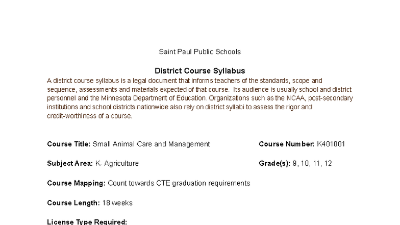 K401001 Small Animal Care Course Syllabus - Fall 2023 - Studocu