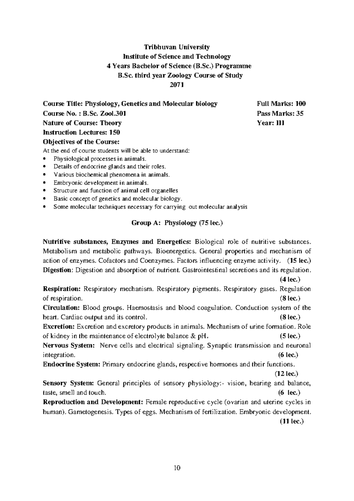 B.Sc. Third Year Zoology Course Syllabus: Physiology & Genetics (2071 ...