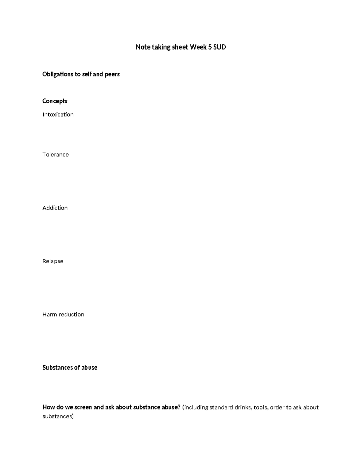 Week 5 SUD Note Taking Sheet: Concepts & Screening for Substance Abuse ...