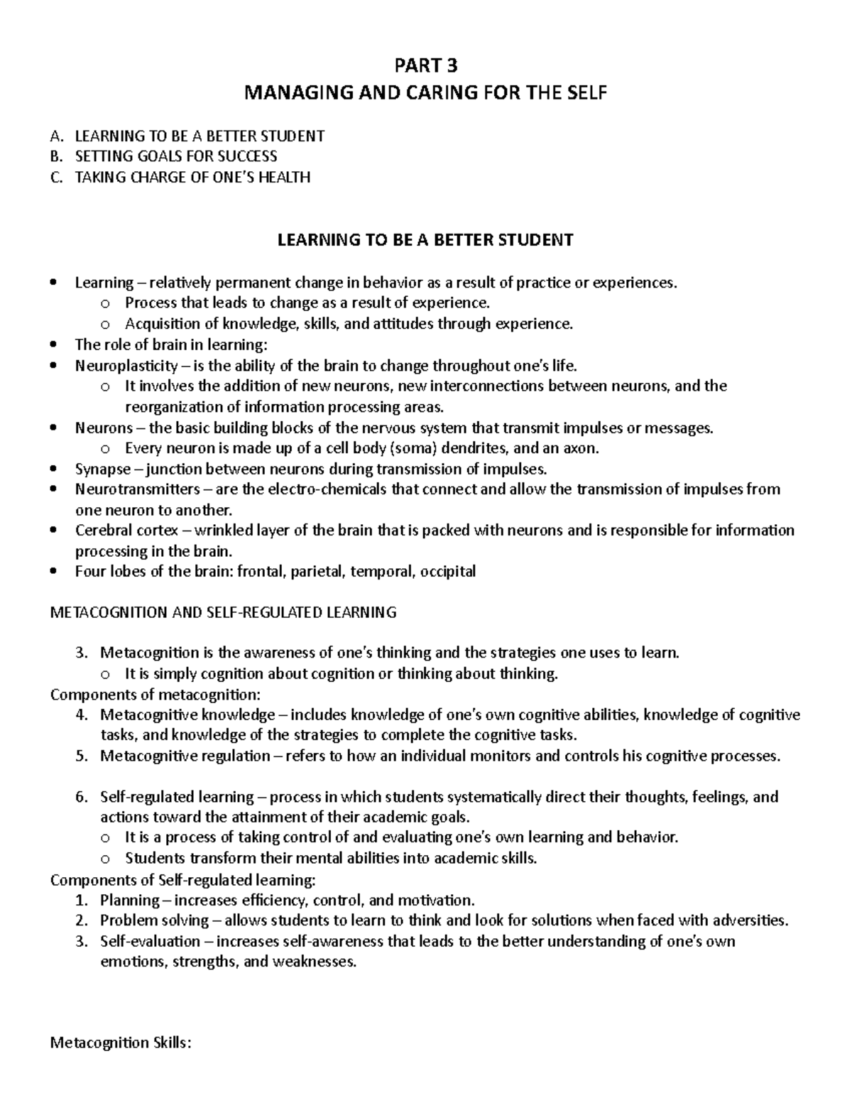 UTS Managing AND Caring FOR THE SELF - PART 3 MANAGING AND CARING FOR ...