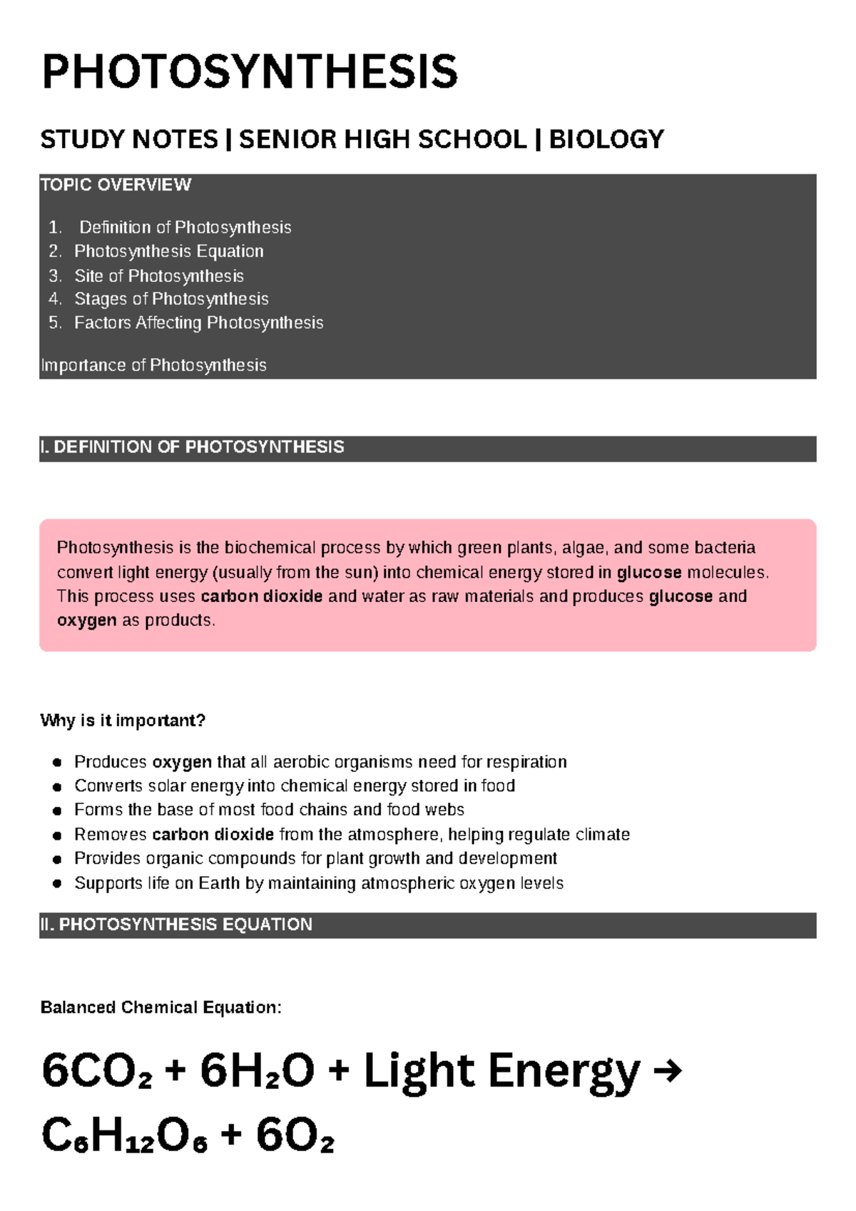 PHOTOSYNTHESIS STUDY NOTES: OVERVIEW FOR SENIOR HIGH BIOLOGY - Studocu