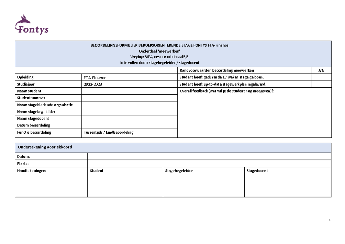 Beoordelingsformulier Meewerken - Stage FTA-Finance 2022-2023 - Studeersnel