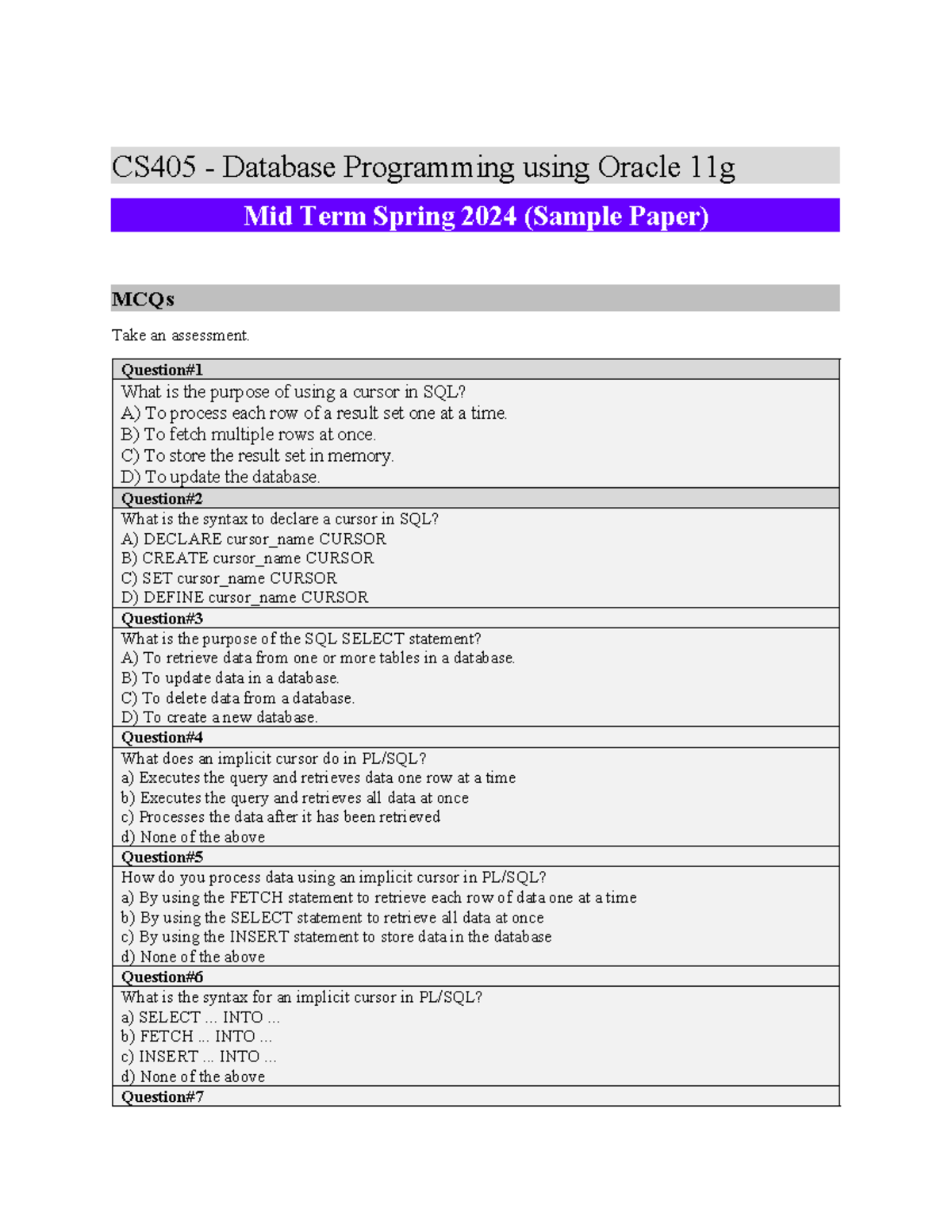 CS405 Database Programming Midterm Exam Sample Paper Spring 2024 - Studocu