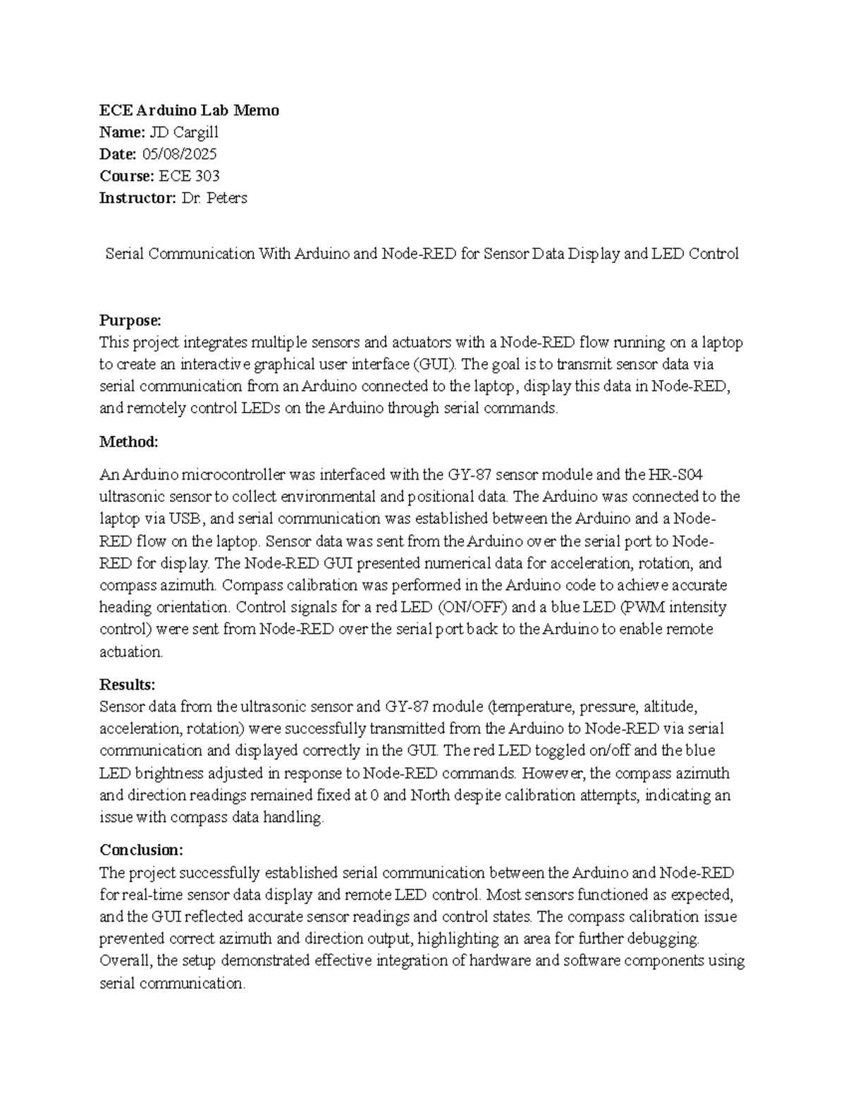 ECE 303 Final Project: Arduino Serial Comm & Sensor Control - Studocu