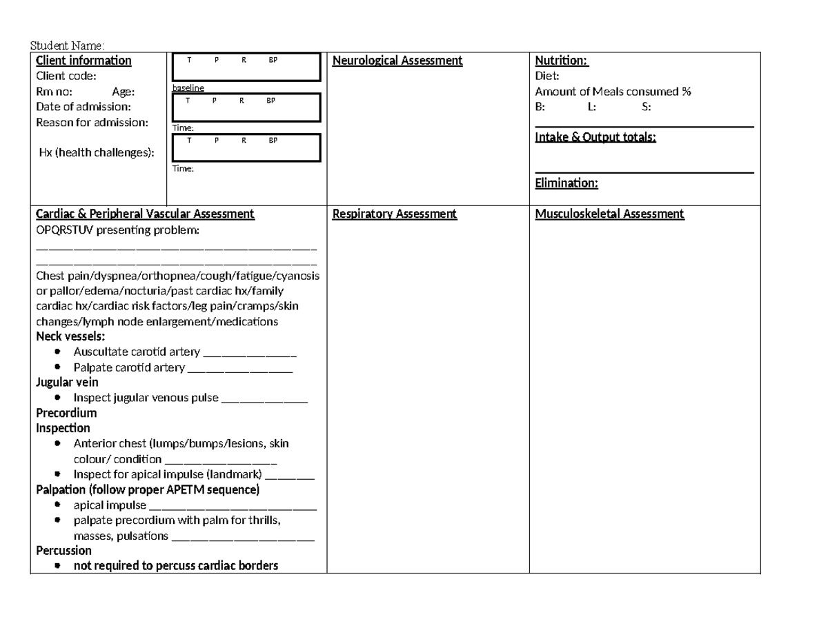 System Weekly Worksheet: Cardiac & Peripheral Vascular Assessment - Studocu