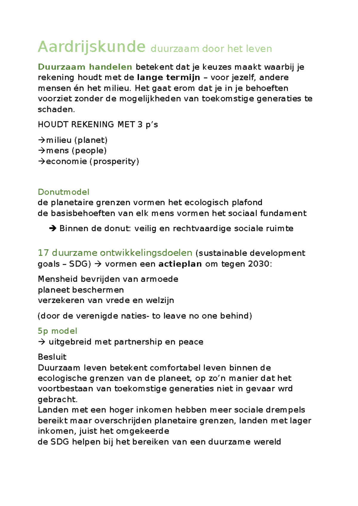 Aardrijkskunde Duurzaam Leven: SDG's en Milieu-impact Analyse - Studocu