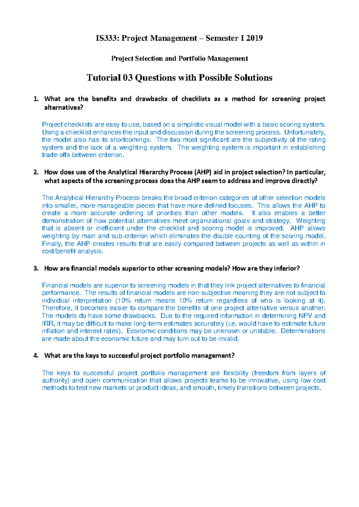 Tutorial 03 with Questions and Possible Solutions - IS333: Project ...