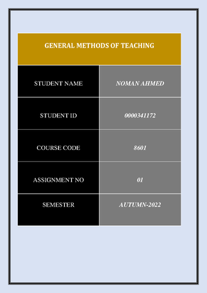 8601 (assignment 1) - Assignment no. 1 Course code: 8601 (General Methods of Teaching) Submitted ...