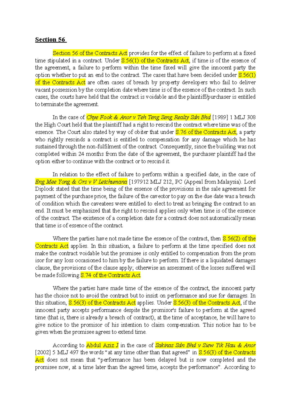 Analysis of Section 56 of the Contracts Act: Breach and Remedies - Studocu