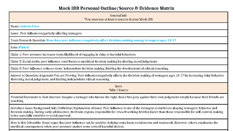Mock IRR Personal Evidence Matrix: Peer Influence on Teen Decision ...