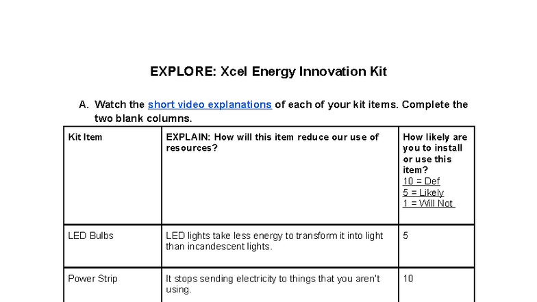 Xcel Energy Innovation Kit A: Resource Reduction Activities - Studocu