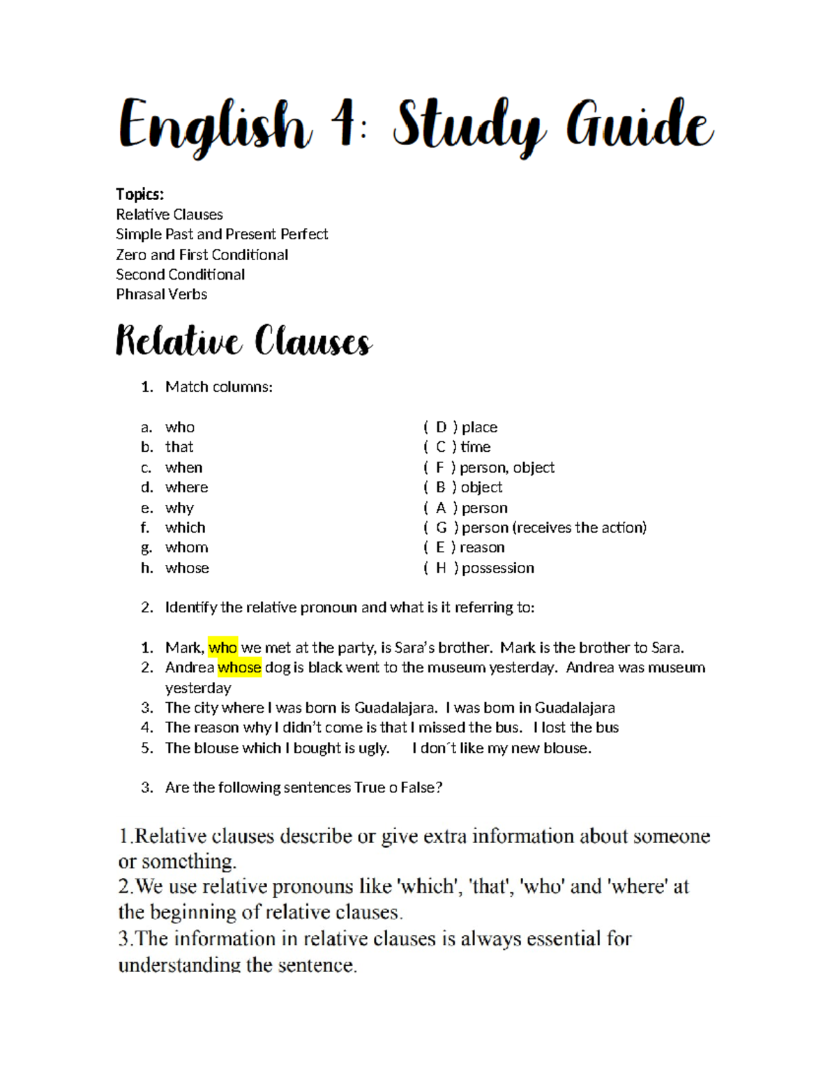 English IV Study Guide - Pues sirve para estudiar - Topics: Relative ...