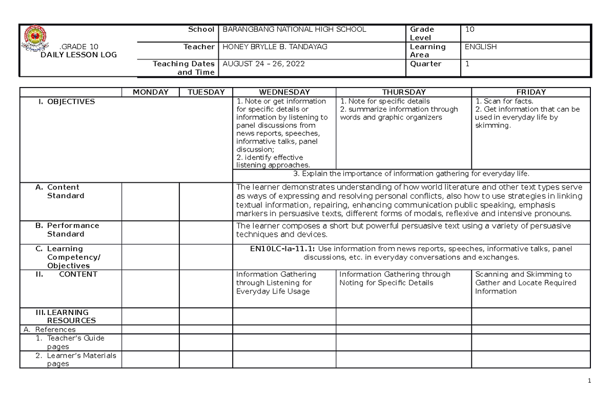 Grade 10 Daily Lesson Log for English (August 2022) - Studocu