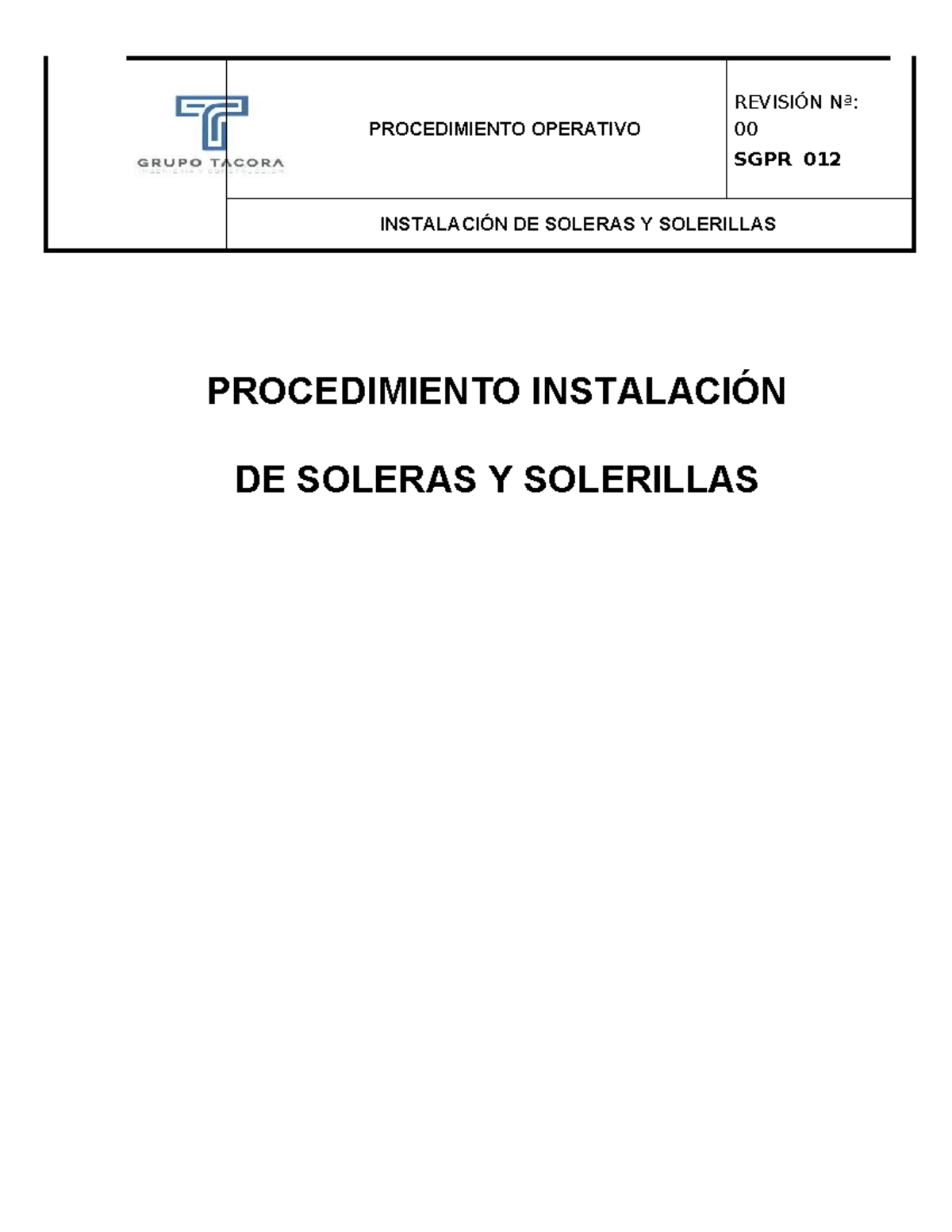 PTS-Instalación de Soleras y Solerillas - Procedimiento Operativo PR 03 - Studocu