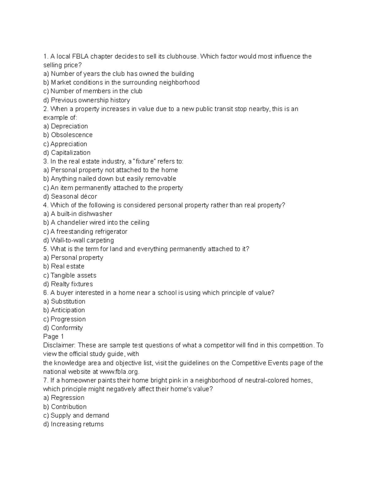 Real Estate Exam Prep: FBLA Junior Notes (Sample Questions) - Studocu