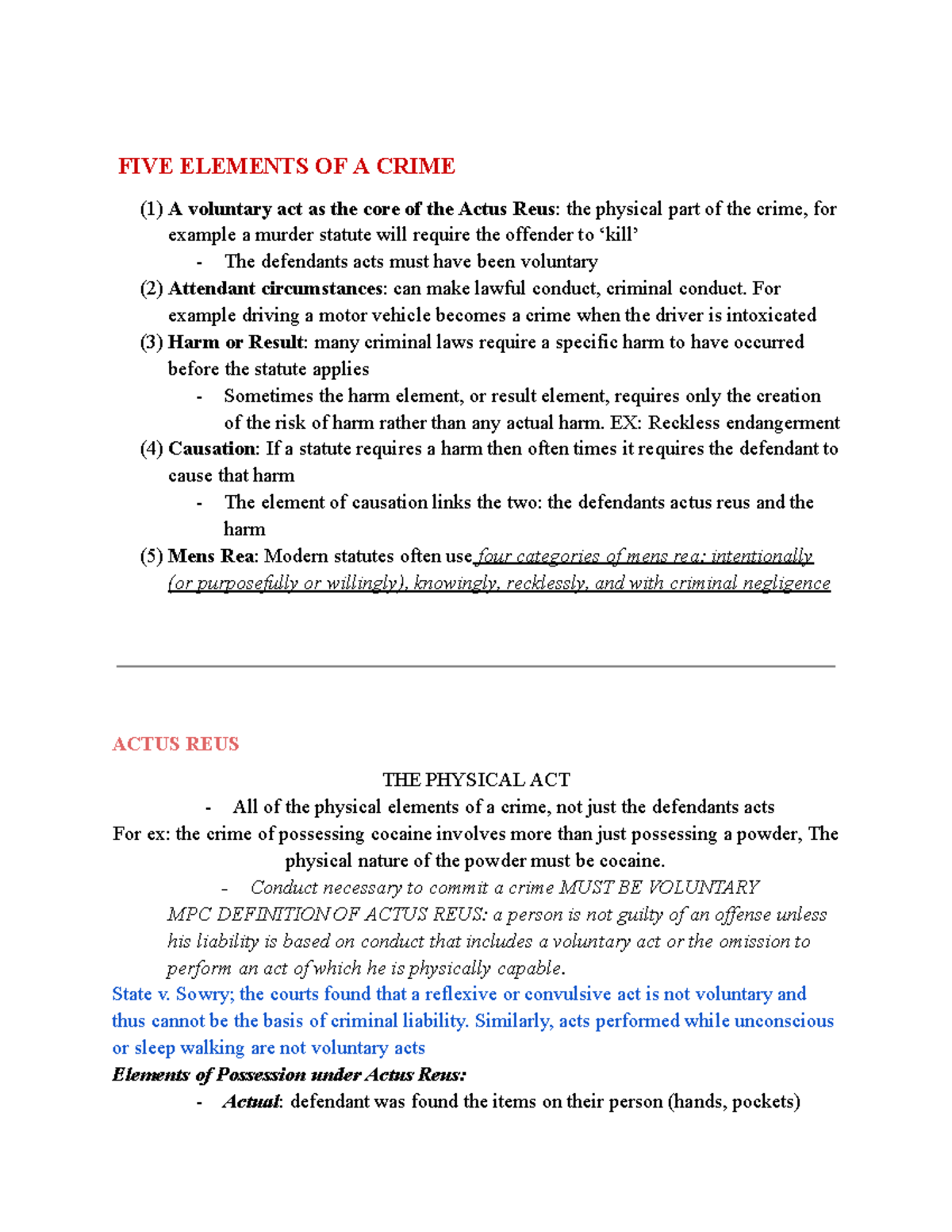 Criminal Law Outline: Key Elements of Crime and Actus Reus - Studocu