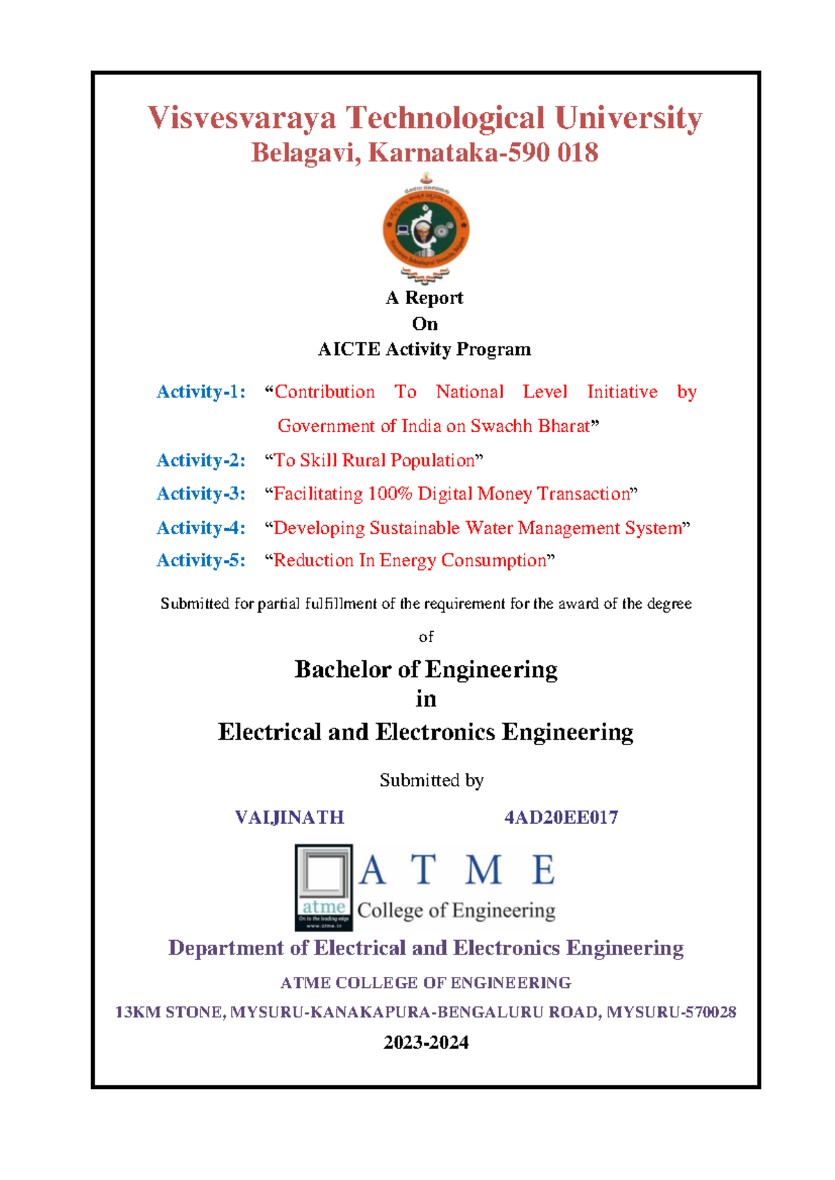 AICTE Activity Report: Contributions to National Initiatives (AY:2023 ...