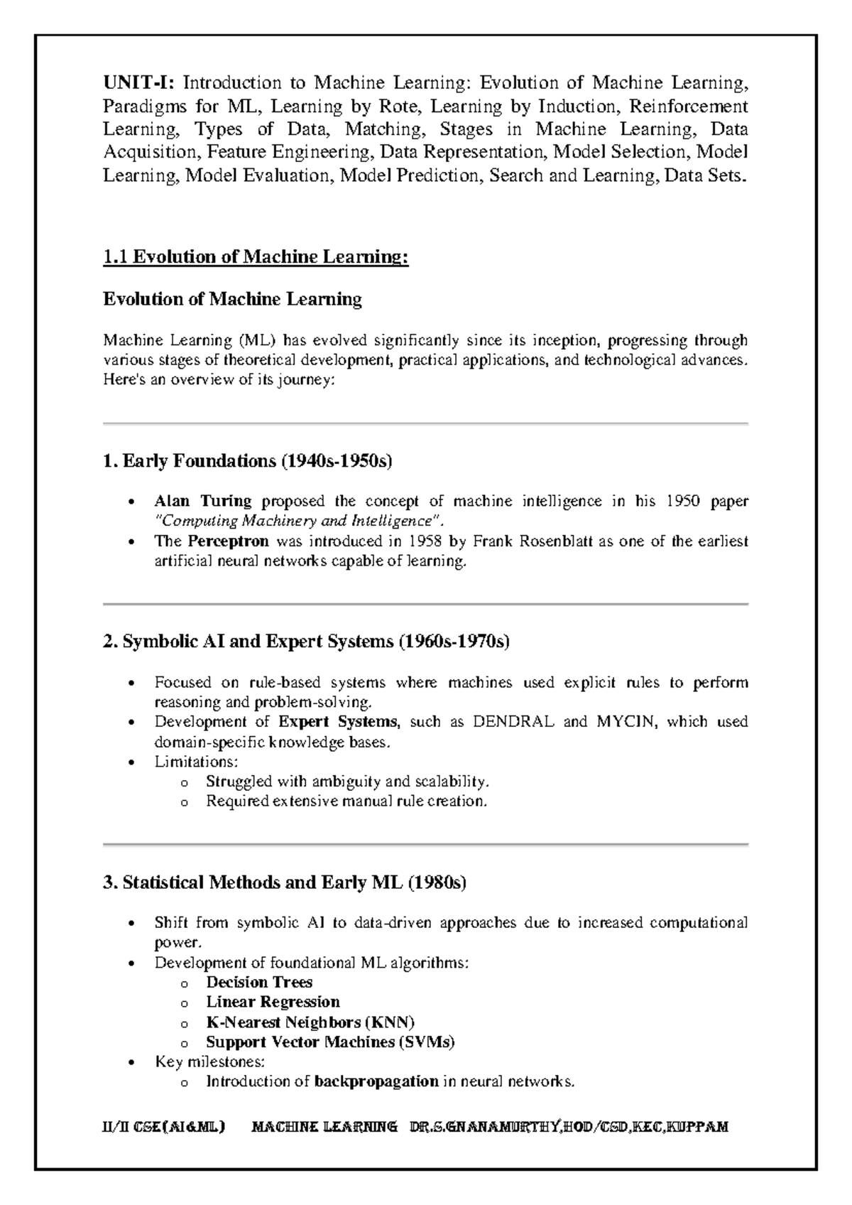 UNIT-01 ML - Comprehensive Notes on Machine Learning Evolution and ...
