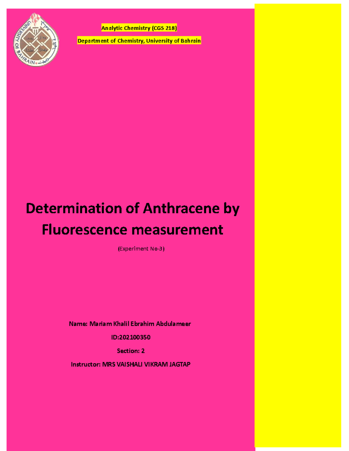 Report 3 - Analytic Chemistry (CGS 218) Department of Chemistry ...