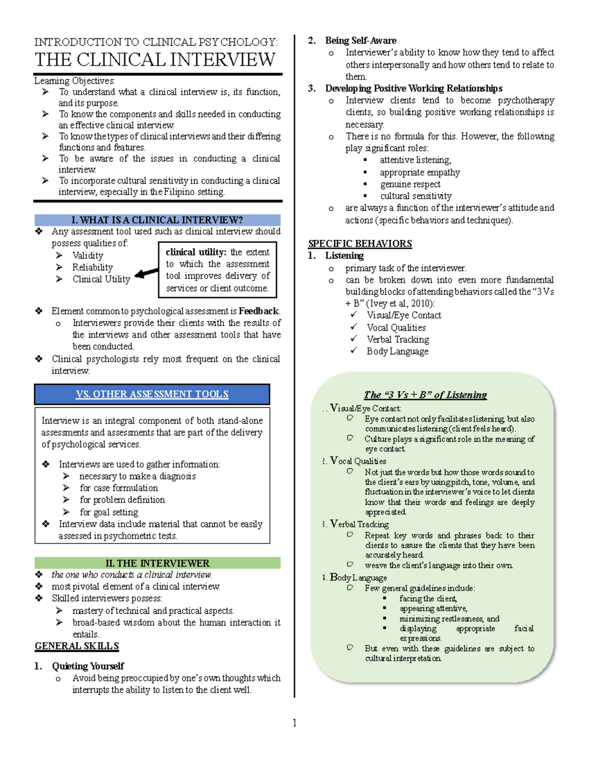 Handouts: Overview of Clinical Interviews in Intro to Clinical Psych ...