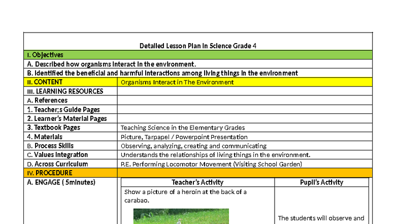 Grade 4 Science Detailed Lesson Plan: Organisms & Their Interactions ...