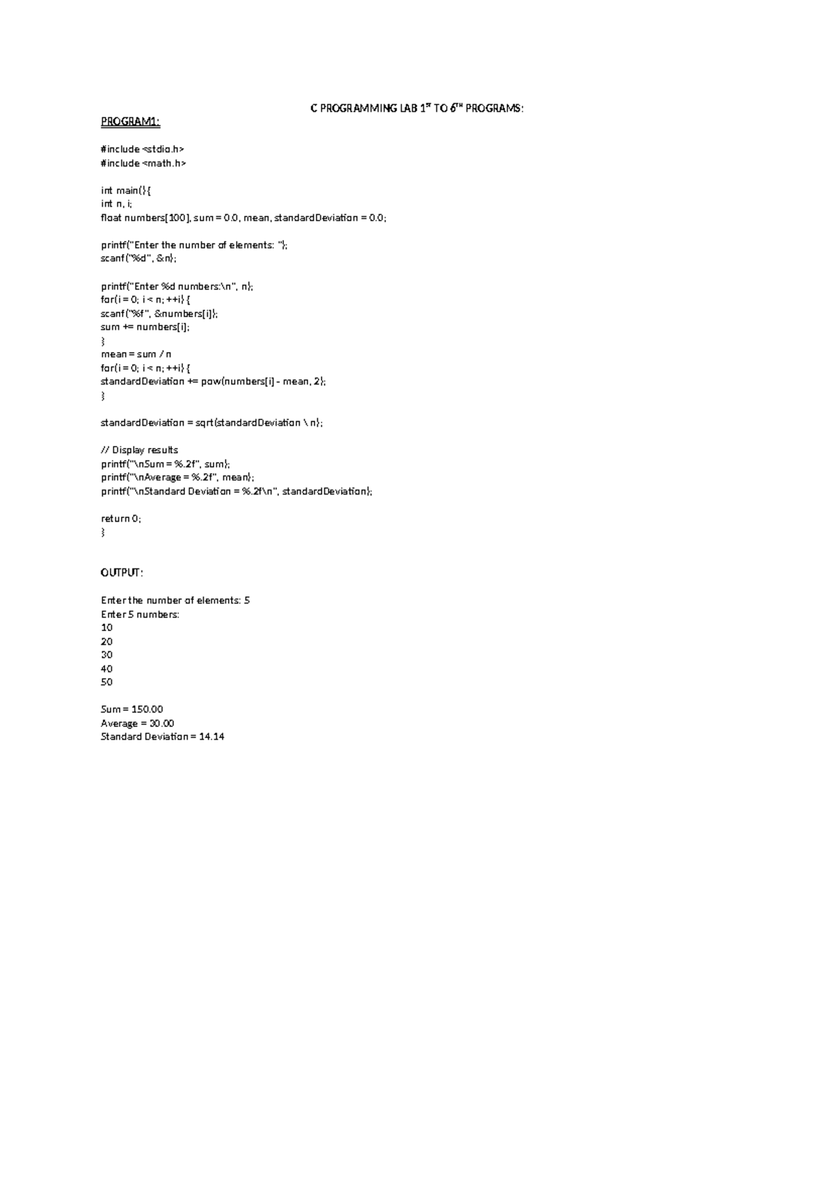 PROGRAM1: C Programming Lab - 1st to 6th Programs Overview - Studocu