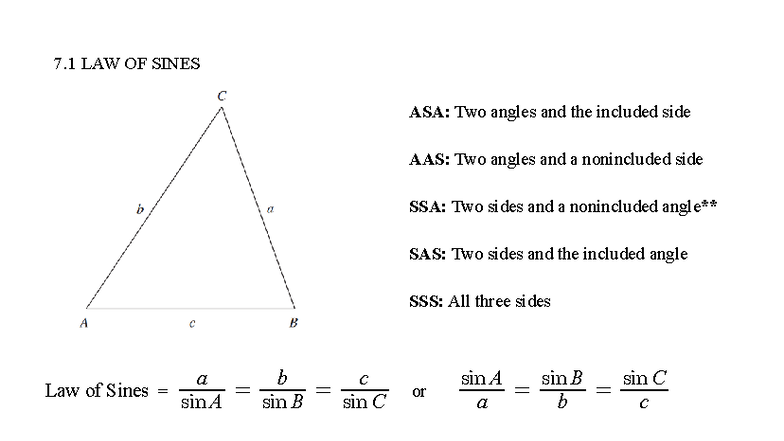 7.1 LAW OF SINES: ASA, AAS, SSA, SAS Examples and Applications - Studocu