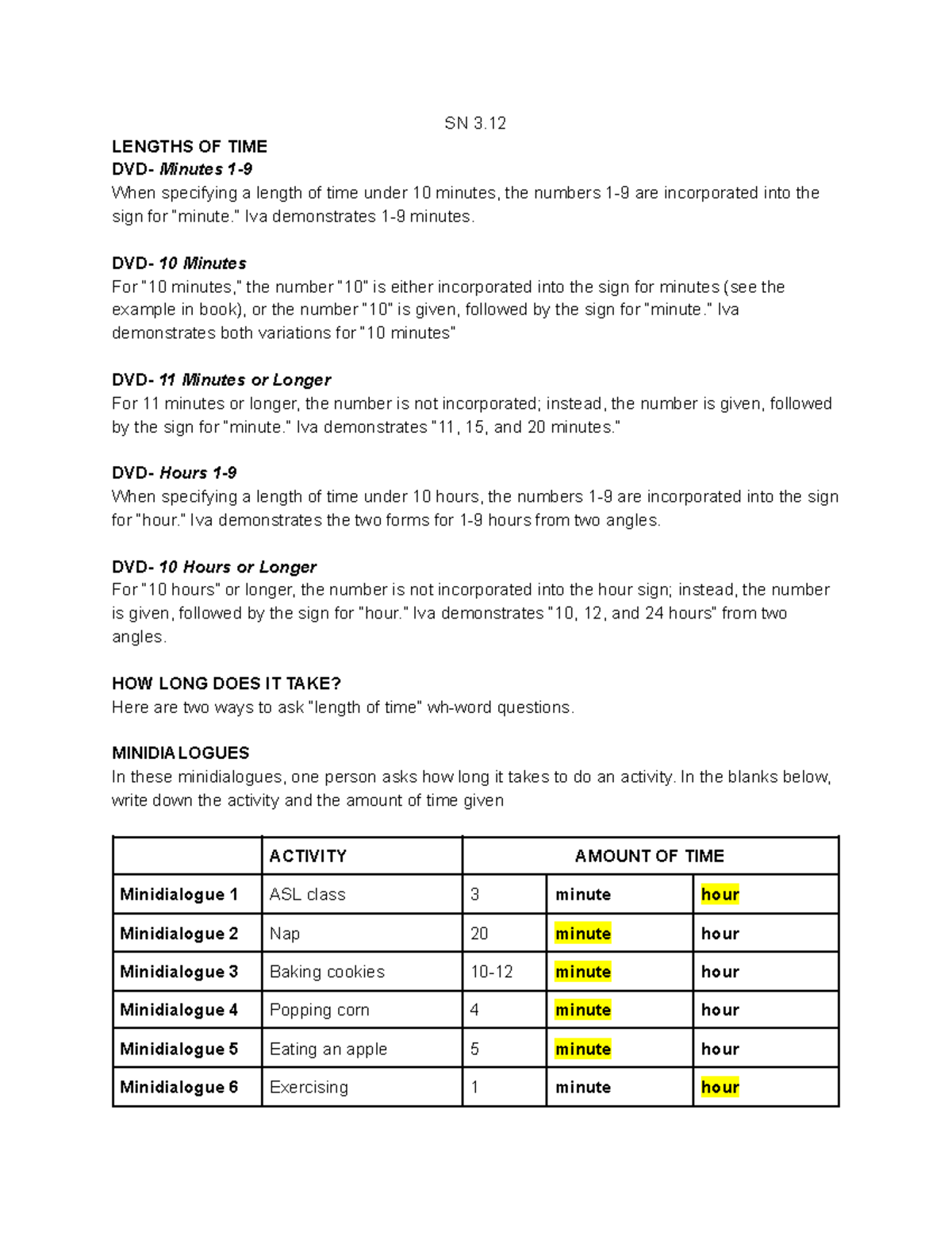 SN 3 - Lengths of Time in ASL: Minutes and Hours Explained - Studocu