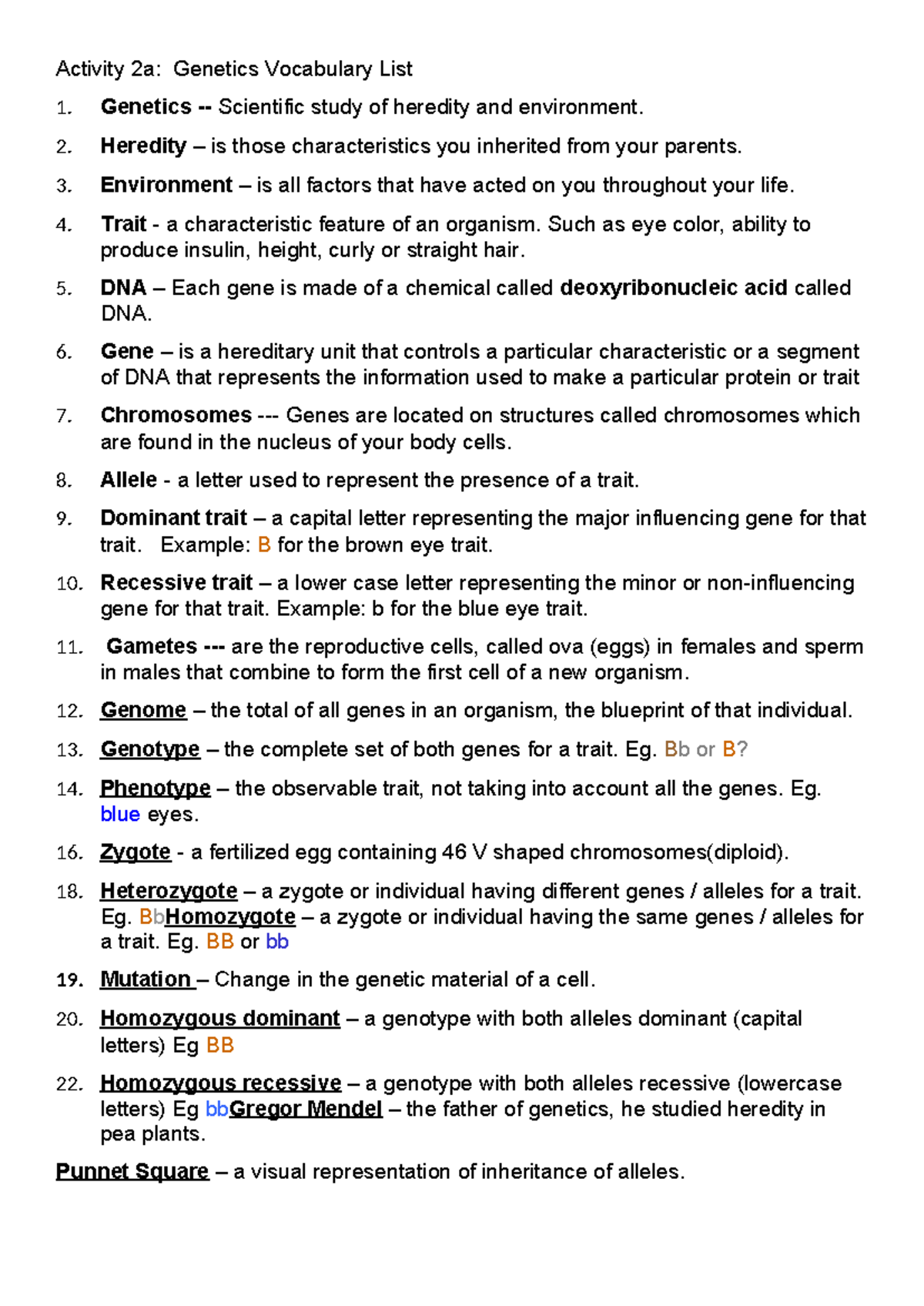 ESL Activity 2a: Genetics Vocabulary List Essentials - Studocu