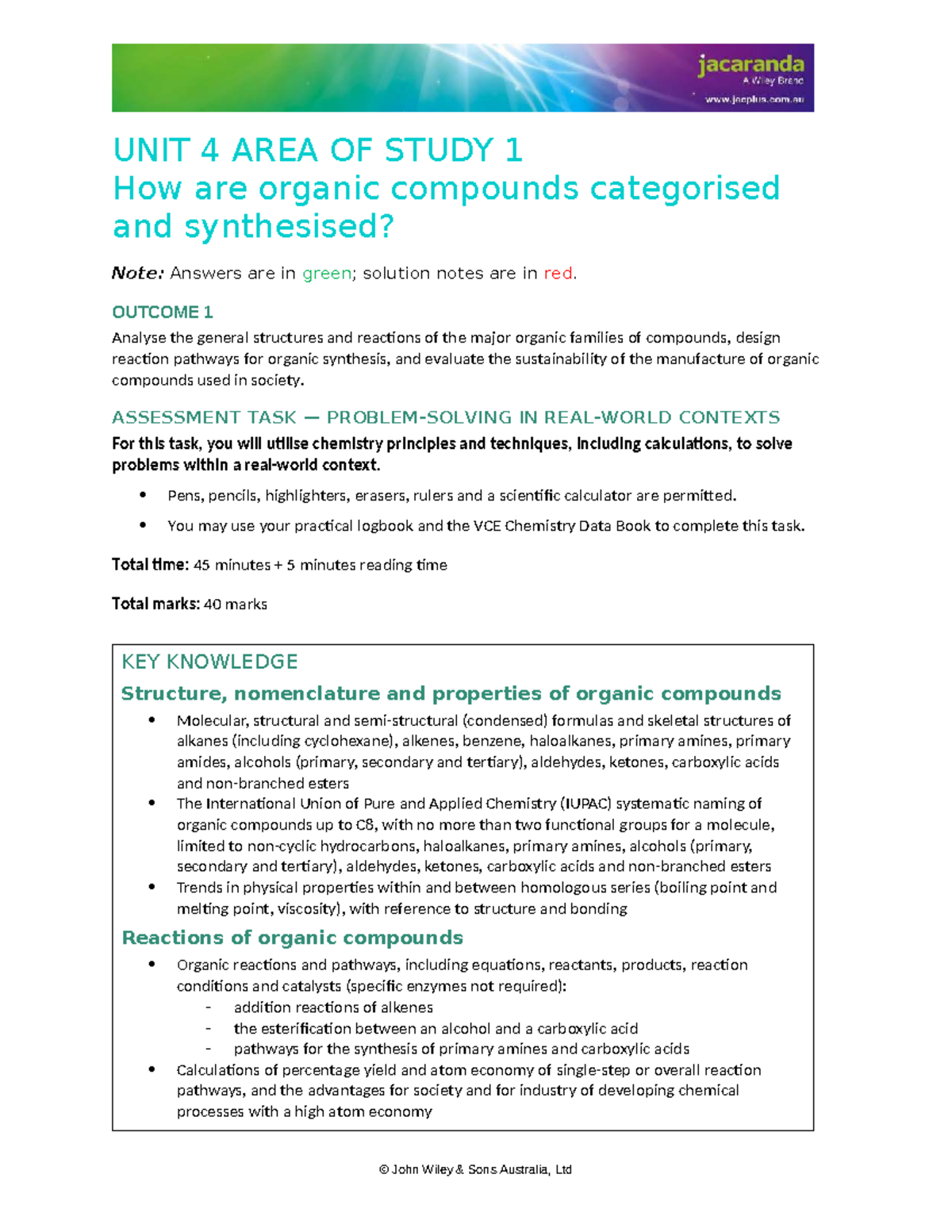 Unit 4 AOS 1: Organic Compounds Categorization & Synthesis Notes - Studocu