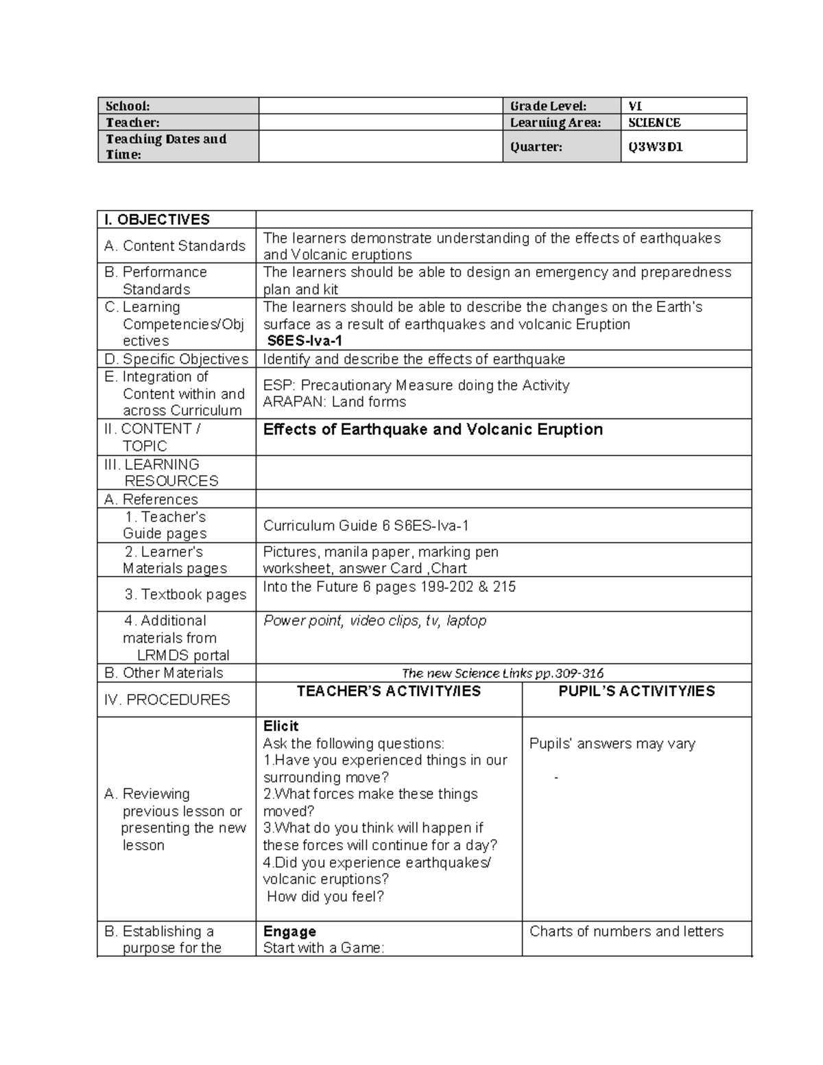 Sample lesson plan in science: Effects of earthquakes and volcanic ...