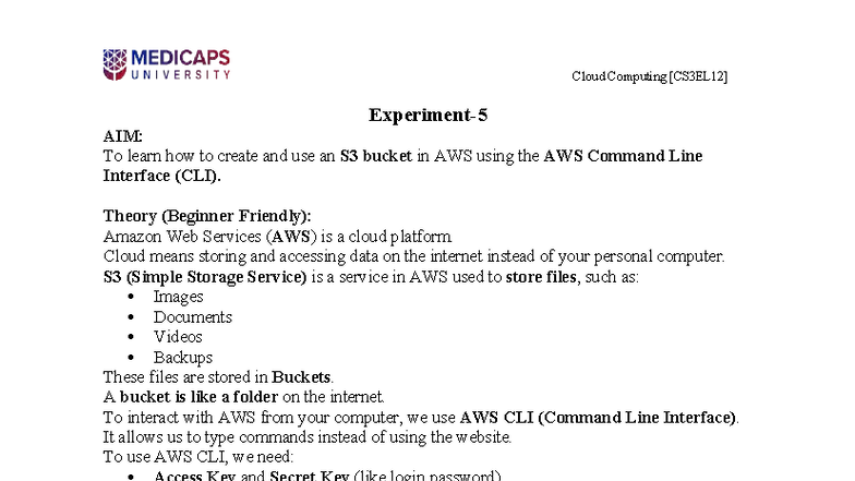 Cloud Computing: Creating S3 Buckets & VPC Setup (EN23CS301597) - Studocu