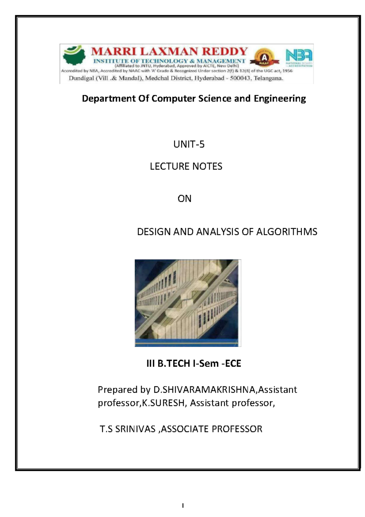 DAA UNIT 5 LMS - Design and Analysis of Algorithms - 1 Department Of Computer Science and - Studocu