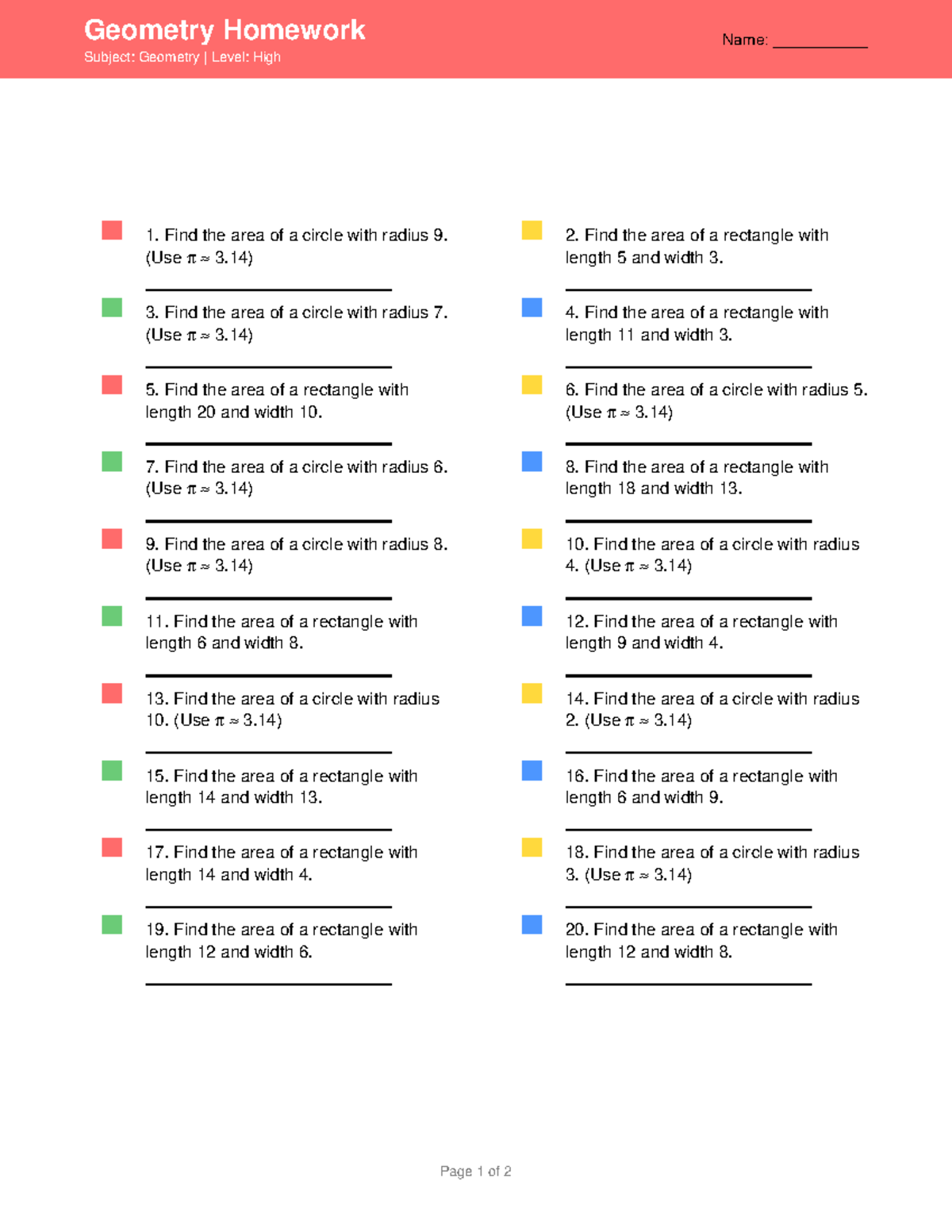 Geometry Homework 3: Area Calculations for Circles & Rectangles - Studocu