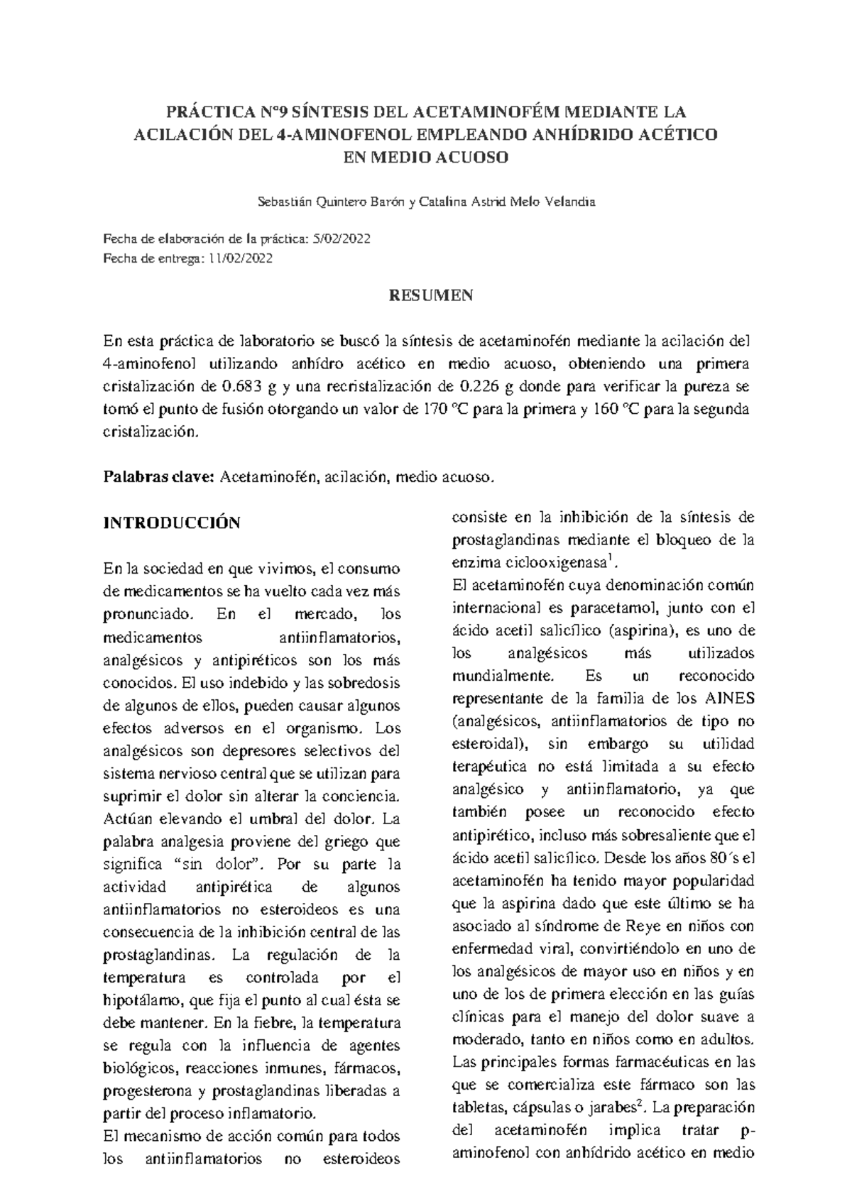 Síntesis de Acetaminofén: Práctica N°9 Acilación de 4-Aminofenol - Studocu
