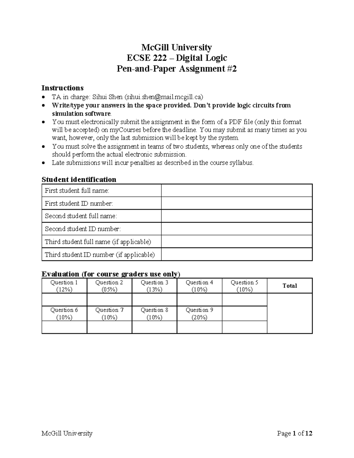 McGill University ECSE Digital Logic Assignment Instructions - Studocu