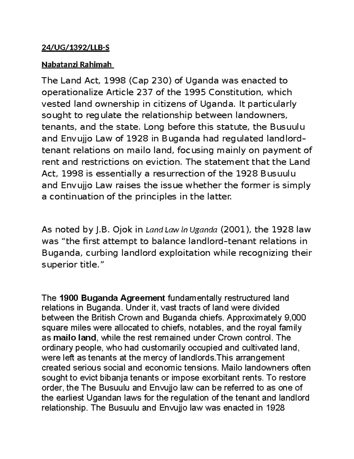 Land Busuulu: Analyzing the 1998 Land Act & 1928 Law in Uganda - Studocu